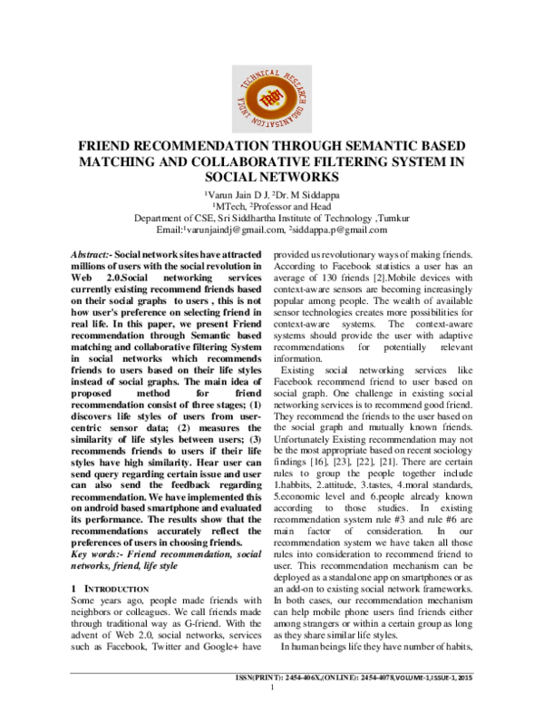 Pdf Friend Recommendation Through Semantic Based Matching And Collaborative Filtering System