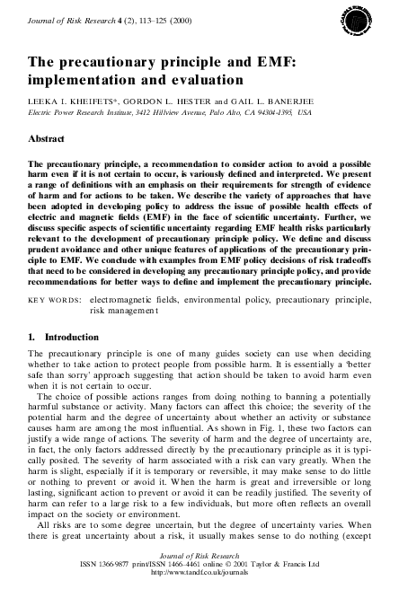 (PDF) The precautionary principle and EMF: implementation and evaluation
