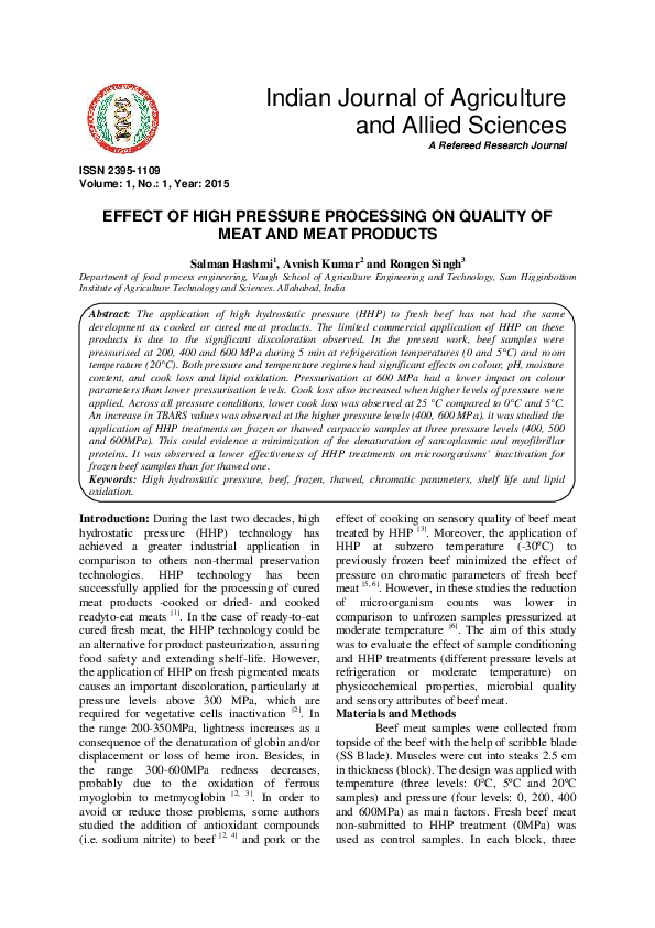 (PDF) Effect of High Pressure Processing on Quality of Meat and Meat ...