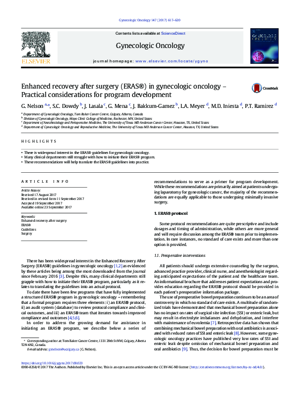 (PDF) Enhanced recovery after surgery (ERAS®) in gynecologic oncology ...