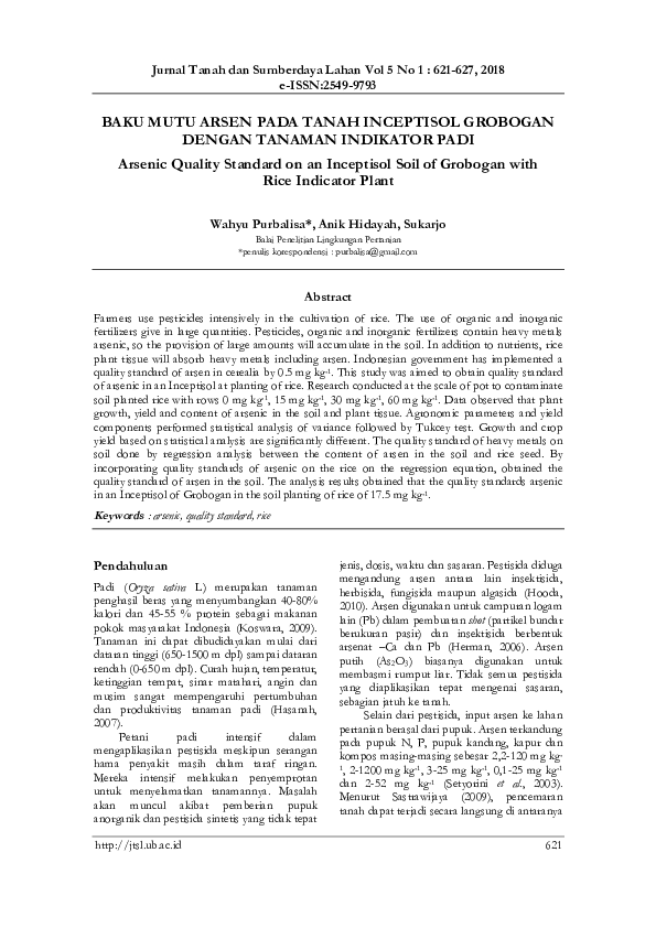(PDF) Baku Mutu Arsen Pada Tanah Inceptisol Grobogan Dengan Tanaman ...