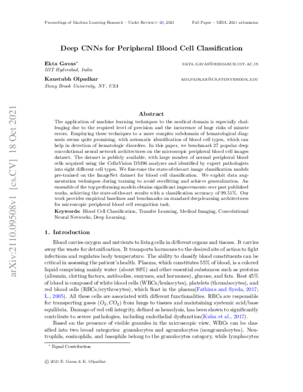 (PDF) Deep CNNs for Peripheral Blood Cell Classification