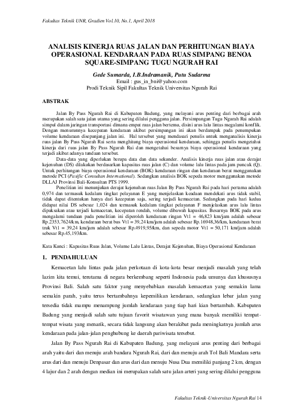 (PDF) Analisis Kinerja Ruas Jalan Dan Perhitungan Biaya Operasional ... (PDF) Analisis Kinerja Ruas Jalan Dan Perhitungan Biaya Operasional ...