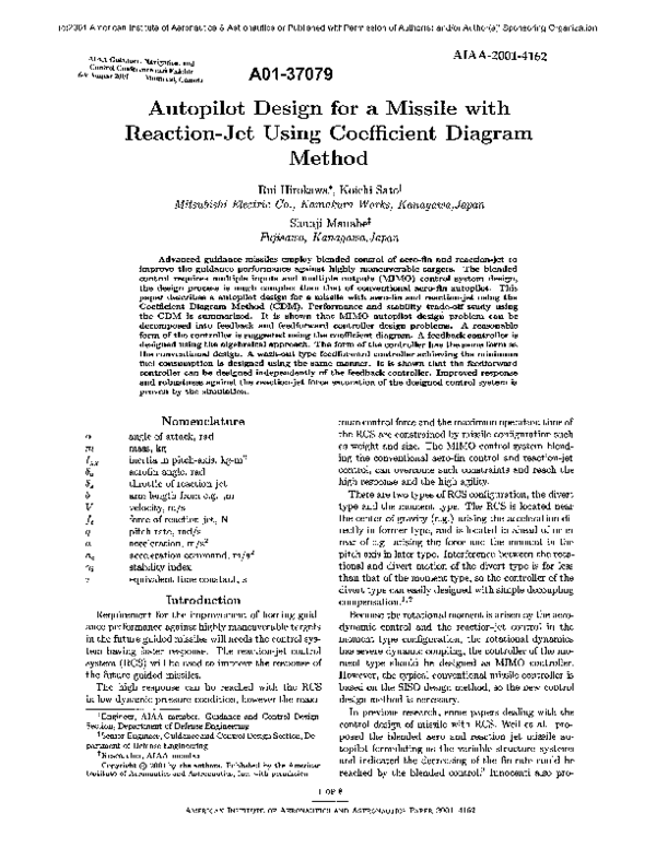 (PDF) Autopilot design for a missile with reaction-jet using coefficient diagram method