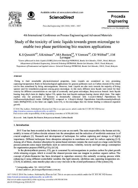 (PDF) Study of the Toxicity of Ionic Liquids towards Green Microalgae ...