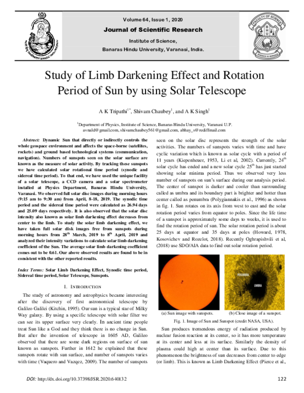 (PDF) Study of Limb Darkening Effect and Rotation Period of Sun by using Solar Telescope