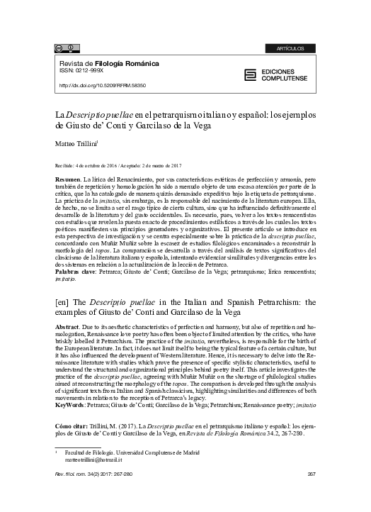 (PDF) La "Descriptio puellae" en el petrarquismo italiano y español ...