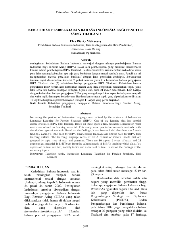 (PDF) Kebutuhan Pembelajaran Bahasa Indonesia Bagi Penutur Asing Thailand
