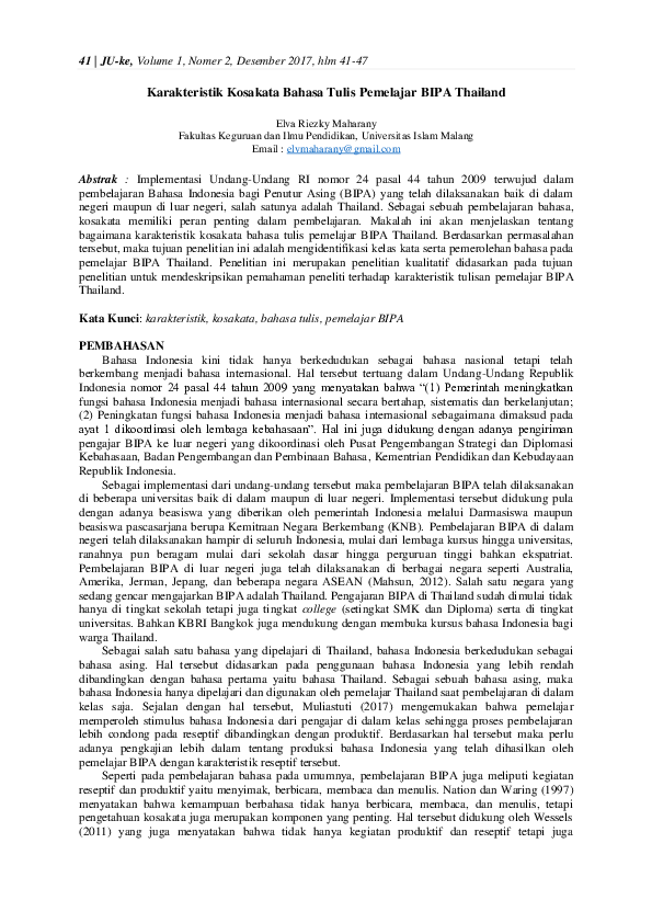 (PDF) Karakteristik Kosakata Bahasa Tulis Pemelajar BIPA Thailand