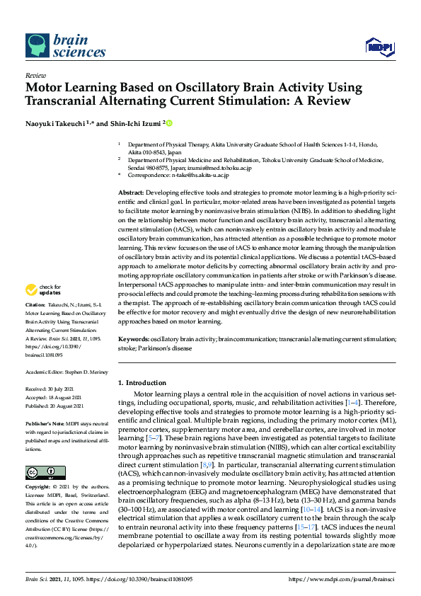 Pdf Motor Learning Based On Oscillatory Brain Activity Using Transcranial Alternating Current