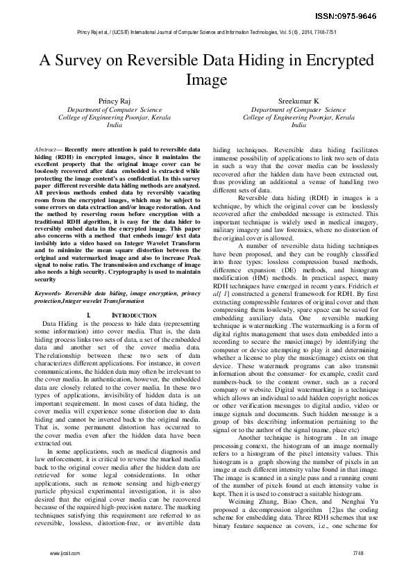 Pdf A Survey On Reversible Data Hiding In Encrypted Image