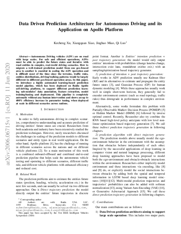 Pdf Data Driven Prediction Architecture For Autonomous Driving And Its Application On Apollo