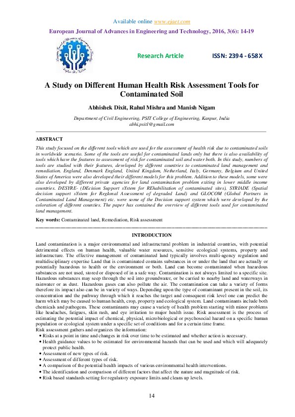 (PDF) A Study on Different Human Health Risk Assessment Tools for ...