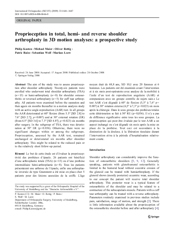 (PDF) Proprioception in total, hemi- and reverse shoulder arthroplasty ...