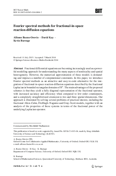 Pdf Fourier Spectral Methods For Fractional In Space Reaction Diffusion Equations