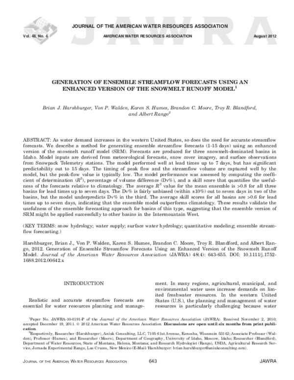 (PDF) Generation of Ensemble Streamflow Forecasts Using an Enhanced Version of the Snowmelt ...