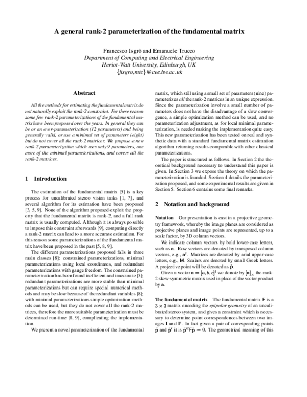 (PDF) A general rank-2 parameterization of the fundamental matrix