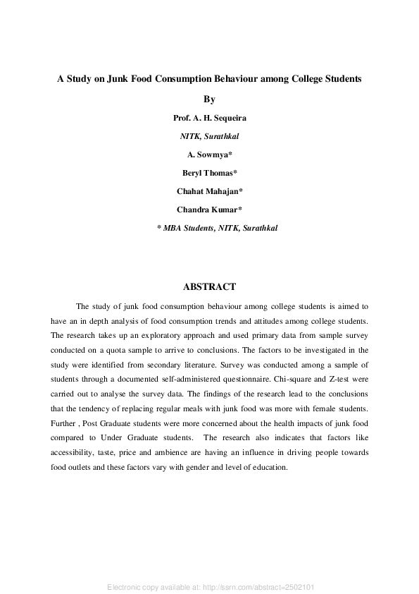 (PDF) A Study on Junk Food Consumption Behavior Among College Students