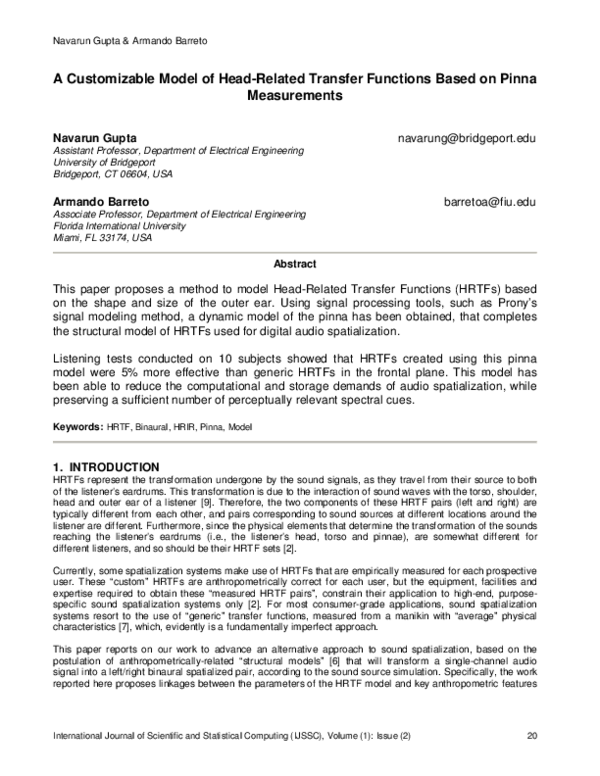 (PDF) A Customizable Model of Head-Related Transfer Functions Based on Pinna Measurements ...