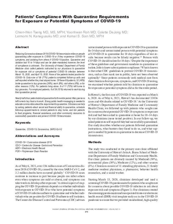 (PDF) Patients' Compliance With Quarantine Requirements for Exposure or ...
