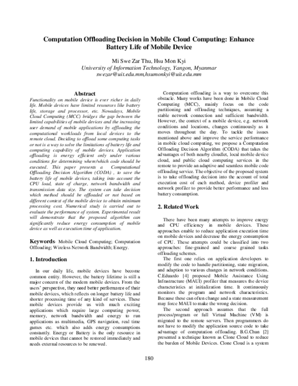 Pdf Computation Offloading Decision In Mobile Cloud Computing