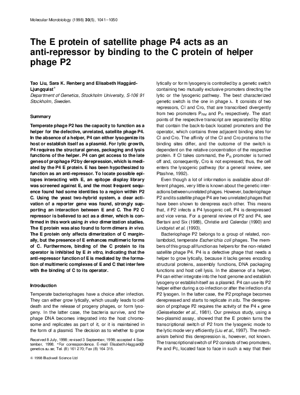 (PDF) The E protein of satellite phage P4 acts as an anti-repressor by ...