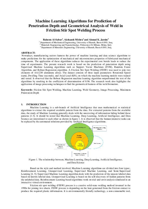 (PDF) Machine Learning Algorithms for Prediction of Penetration Depth and Geometrical Analysis ...