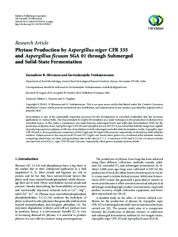 (PDF) Phytase production by Aspergillus niger CFR 335 and Aspergillus ficuum SGA 01 through ...