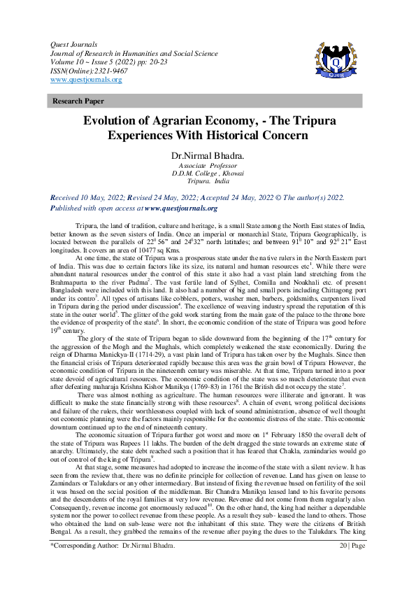 (PDF) Evolution of Agrarian Economy, -The Tripura Experiences With ...