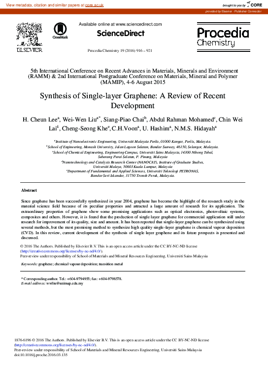 Pdf Synthesis Of Single Layer Graphene A Review Of Recent Development