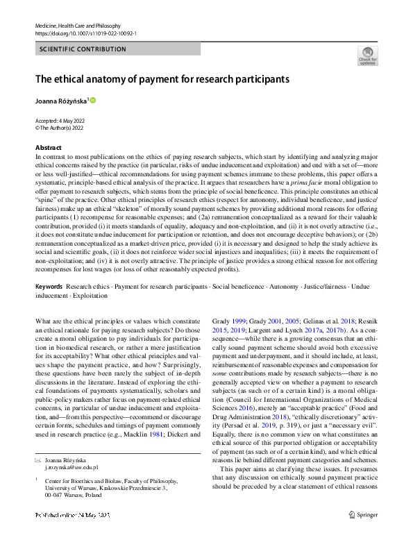 (PDF) The ethical anatomy of payment for research participants