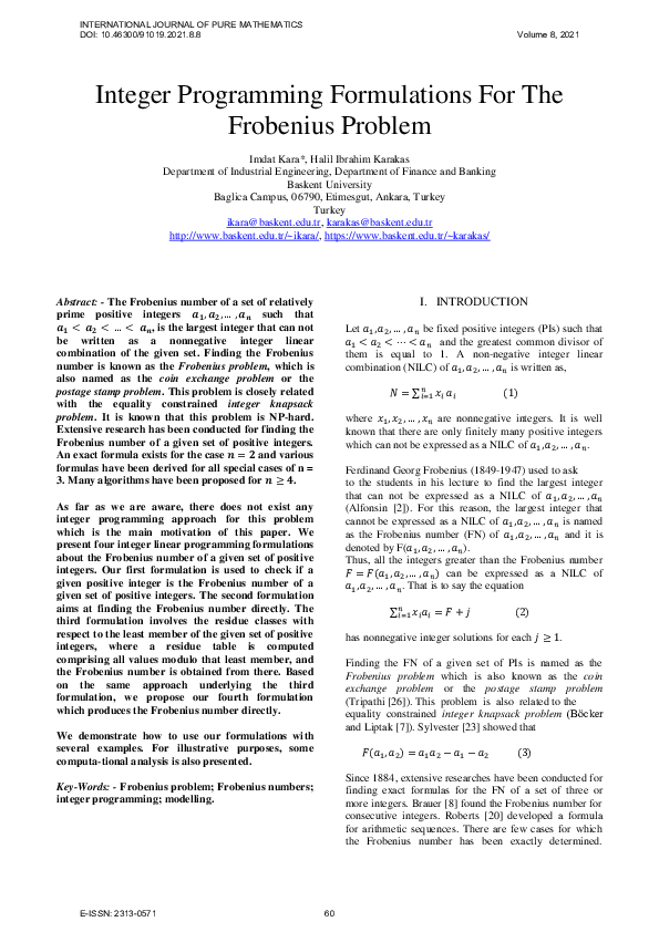 (PDF) Integer Programming Formulations For The Frobenius Problem