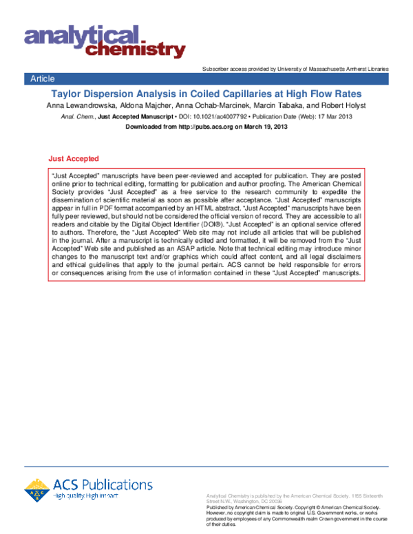 (PDF) Taylor Dispersion Analysis in Coiled Capillaries at High Flow Rates (PDF) Taylor Dispersion Analysis in Coiled Capillaries at High Flow Rates