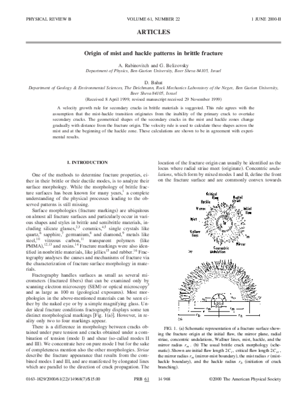 (PDF) Origin of mist and hackle patterns in brittle fracture