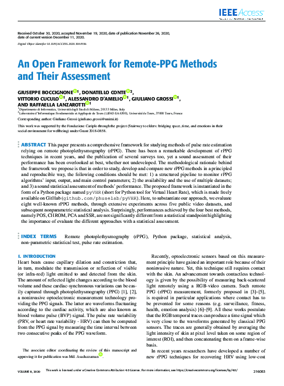 (PDF) An Open Framework for Remote-PPG Methods and Their Assessment