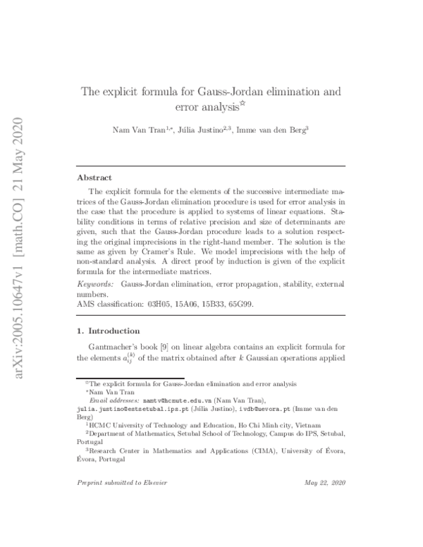(PDF) The explicit formula for Gauss-Jordan elimination and error analysis