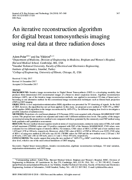 Pdf An Iterative Reconstruction Algorithm For Digital Breast Tomosynthesis Imaging Using Real