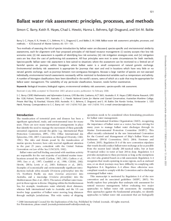 (PDF) Ballast water risk assessment: principles, processes, and methods