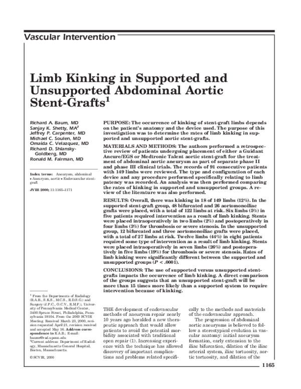 (PDF) Limb Kinking in Supported and Unsupported Abdominal Aortic Stent ...