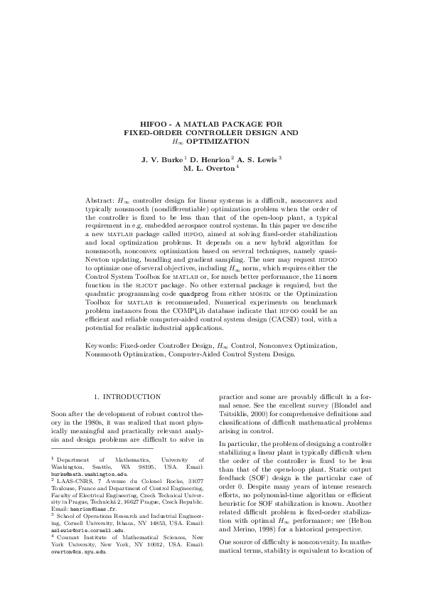 (PDF) HIFOO-a MATLAB package for fixed-order controller design and H∞ ...