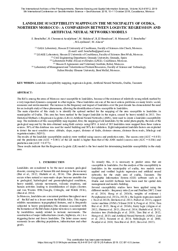 (PDF) Landslide Susceptibility Mapping in the Municipality of Oudka, Northern Morocco: A ...