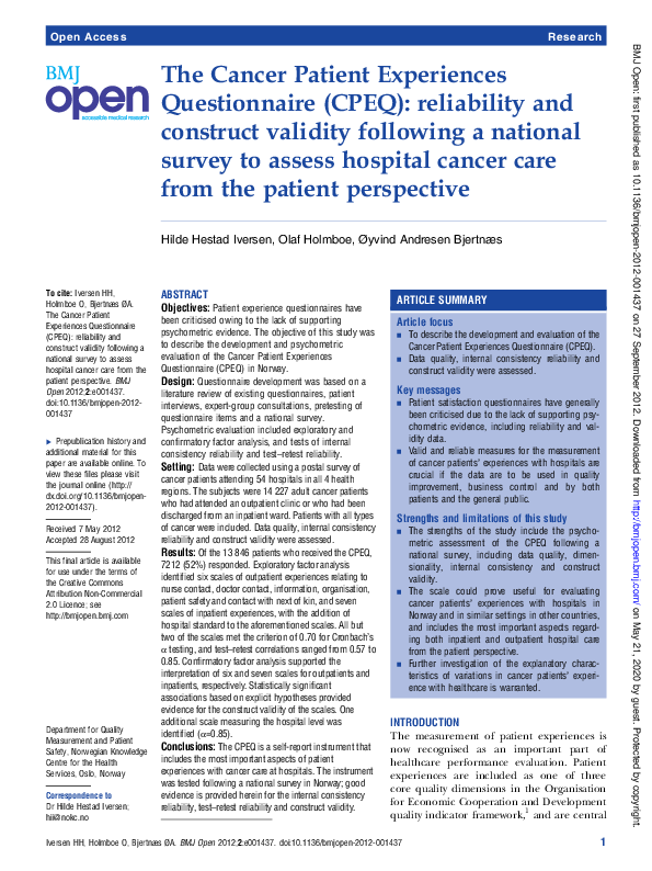 (PDF) The Cancer Patient Experiences Questionnaire (CPEQ): reliability ...