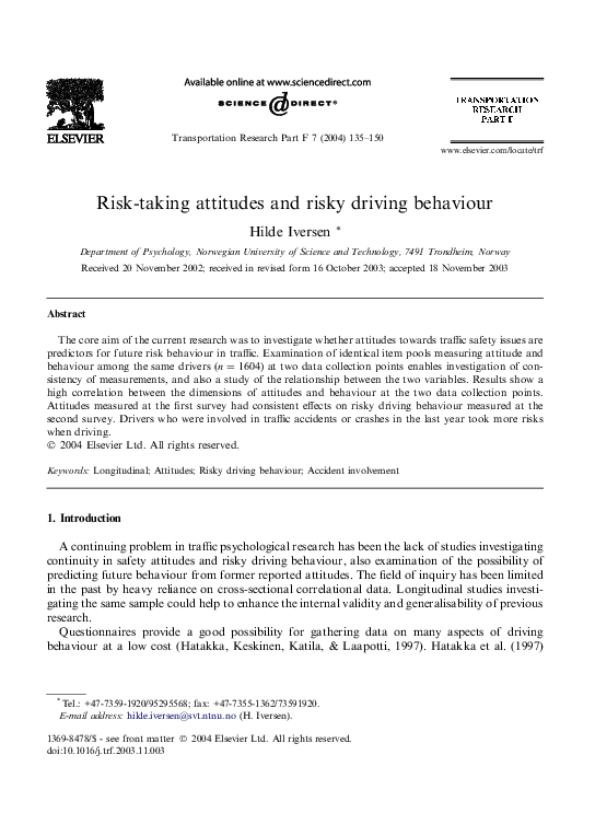 (PDF) Risk-taking attitudes and risky driving behaviour
