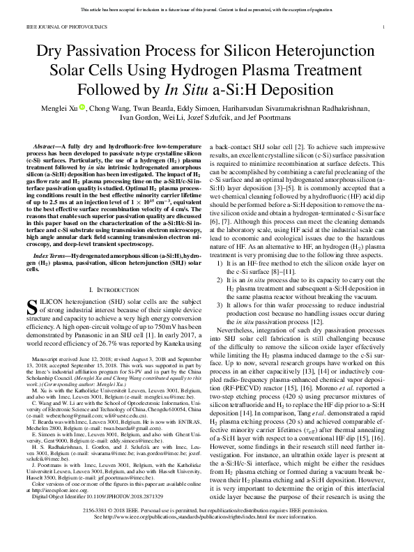 (PDF) Dry Passivation Process for Silicon Heterojunction Solar Cells ...