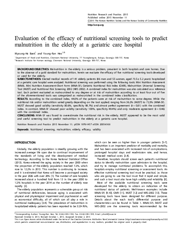 (PDF) Evaluation of the efficacy of nutritional screening tools to ...