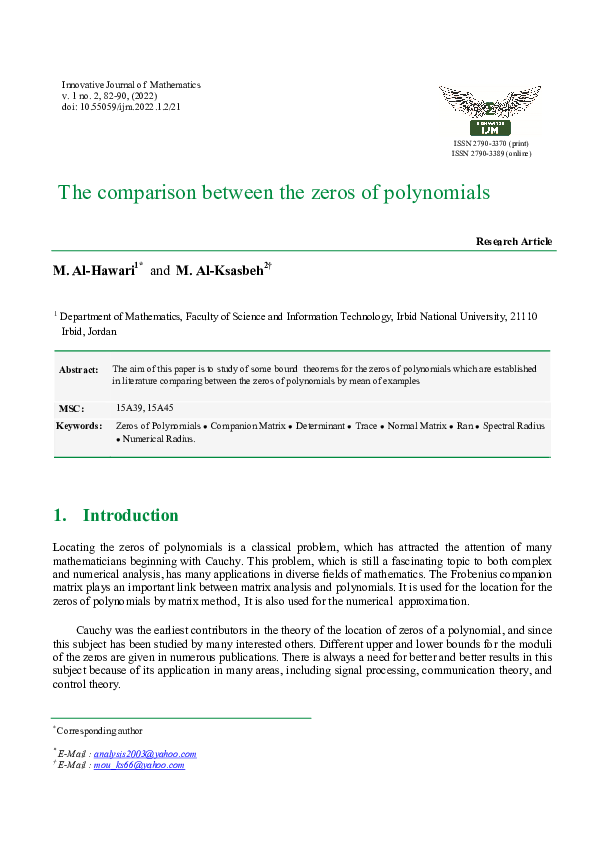 (PDF) The comparison between the zeros of polynomials