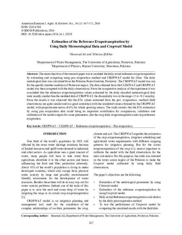 (PDF) Estimation of the Reference Evapotranspiration by Using Daily Meteorological Data and ...
