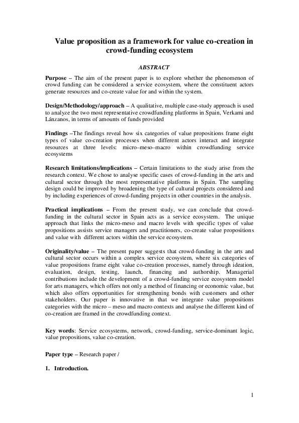 (PDF) Value proposition as a framework for value cocreation in crowdfunding ecosystems