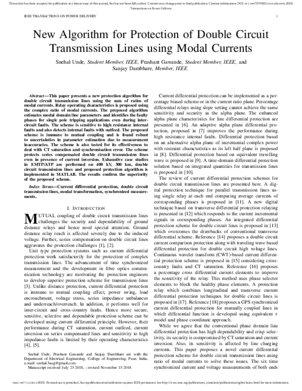Pdf New Algorithm For Protection Of Double Circuit Transmission Lines