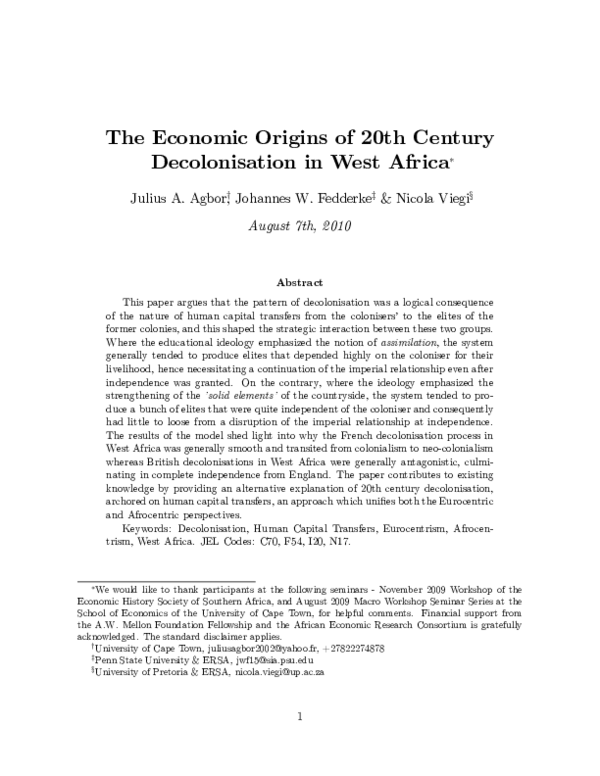 (PDF) The Economic Origins of 20th Century Decolonisation in West Africa